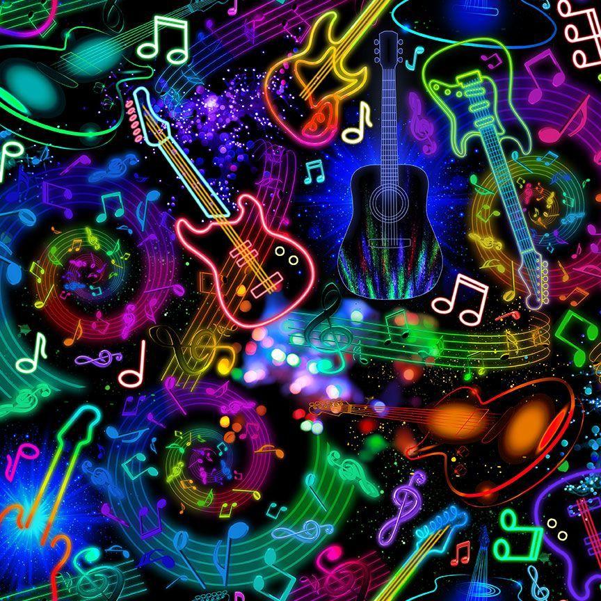 TT Rockstar Neon Music Notes & Guitars - CD2978-BLACK - Cotton Fabric