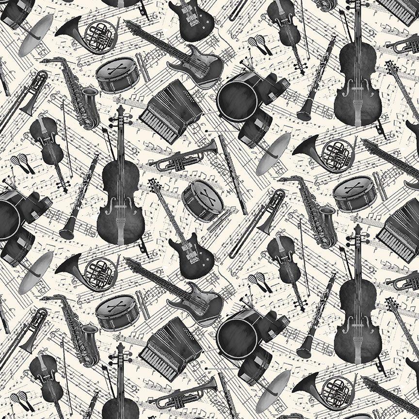 TT Sonata Grey Instruments and Music Notes - CD3093-CREAM - Cotton Fab