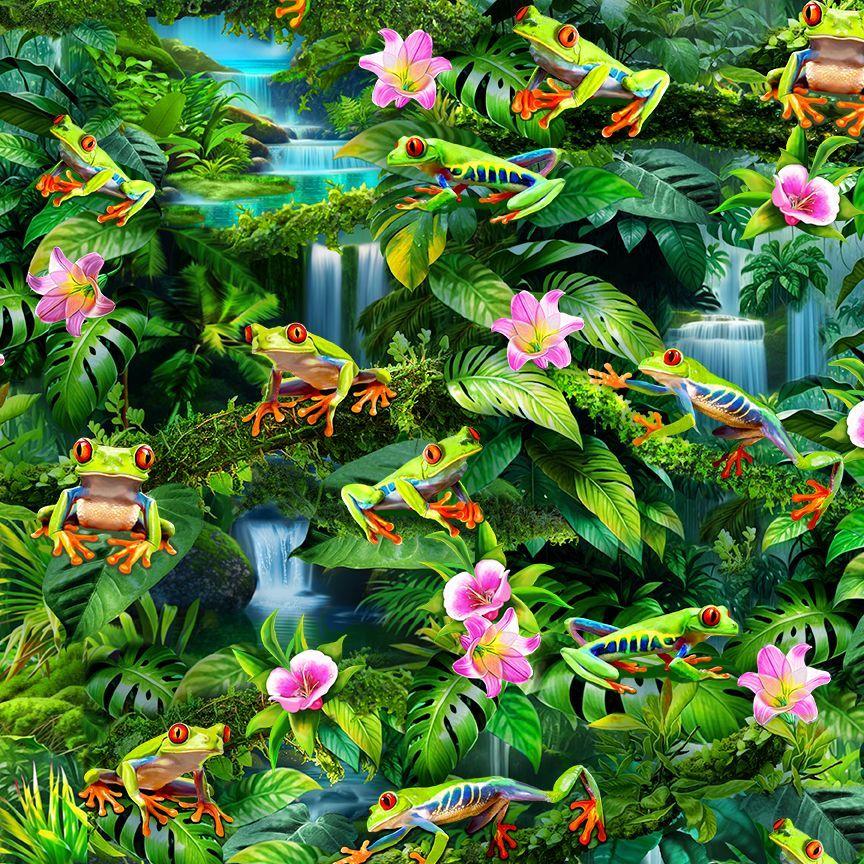 TT Tropical Frogs in the Rainforest - CD3159-GREEN - Cotton Fabric